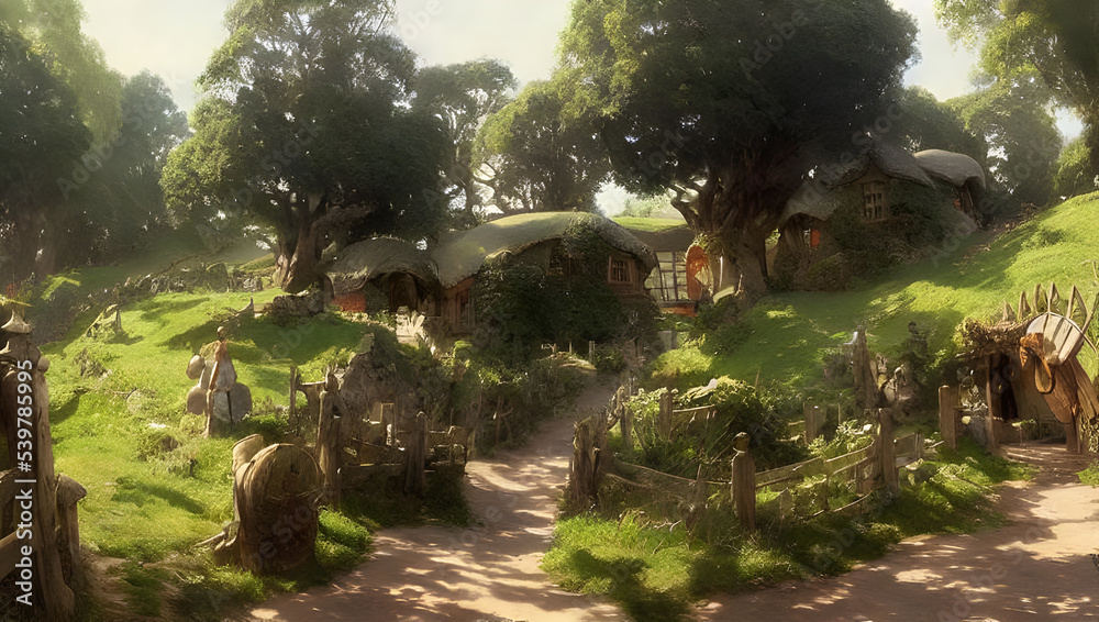 the shire / hobbiton - green hills with trees and hobbit house ...