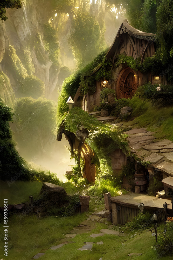 the shire / hobbiton - green hills with trees and hobbit house ...