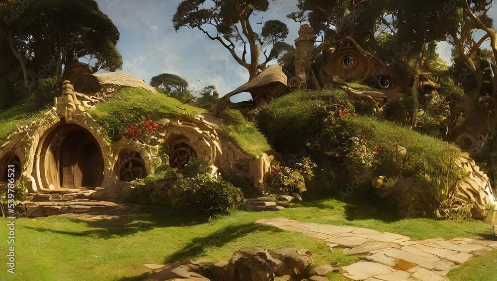 Plakat the shire / hobbiton - green hills with trees and hobbit house ...