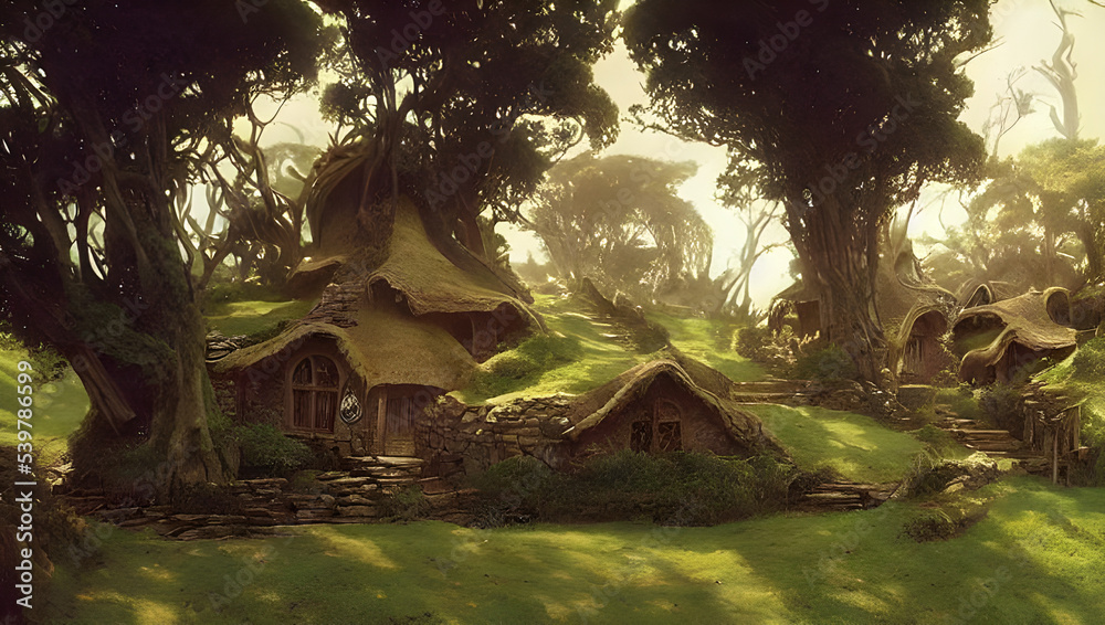 the shire / hobbiton - green hills with trees and hobbit house ...