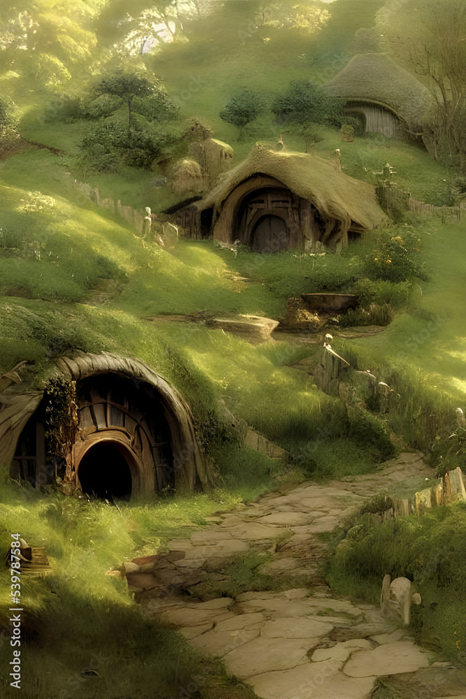 Fototapeta the shire / hobbiton - green hills with trees and hobbit ...