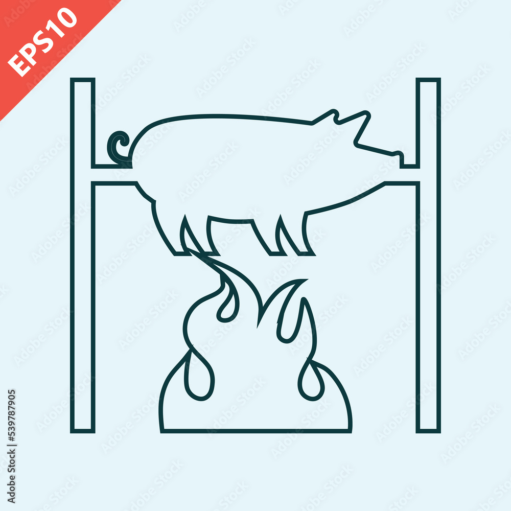 hand drawn pig roasted on a barbecue spit icon design vector isolated ...