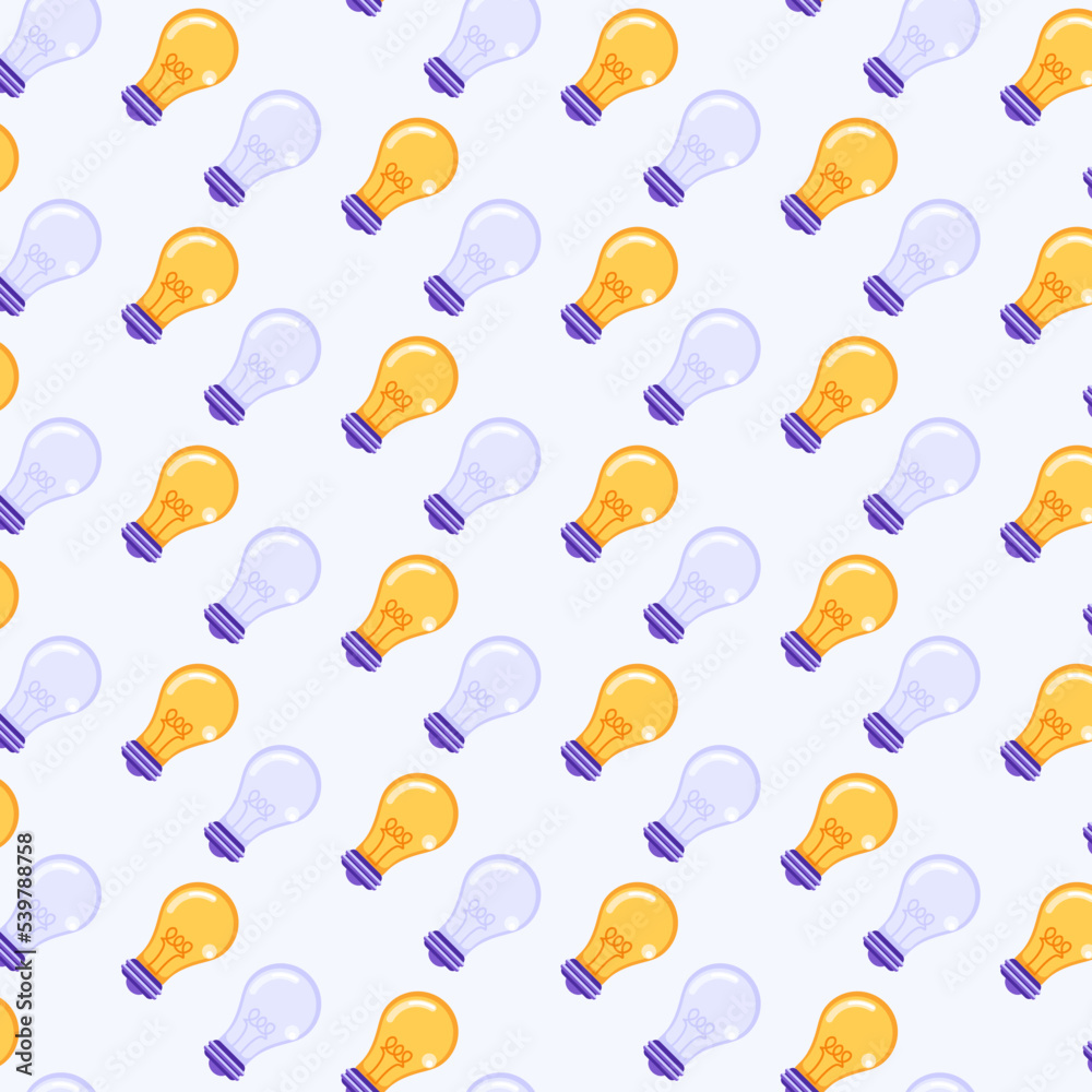 Seamless pattern with bulb lamp icons on purple background for poster ...