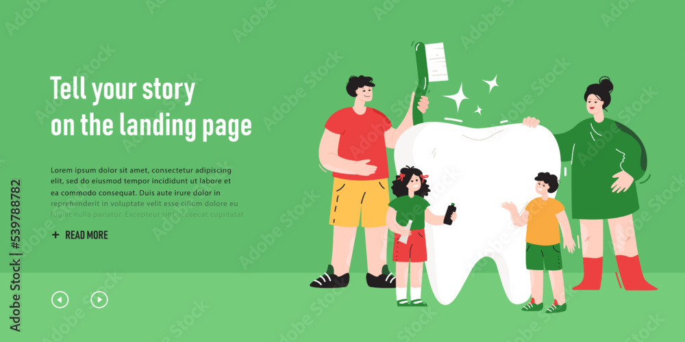 Happy cartoon family standing next to big molar tooth. People brushing ...