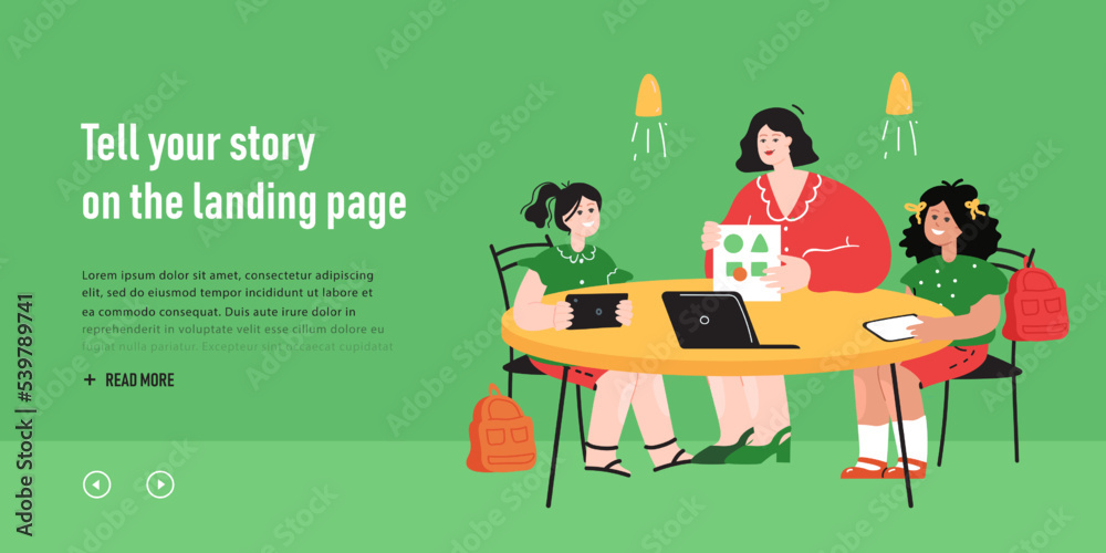 Vetor do Stock: Teacher cartoon character showing picture to group of ...