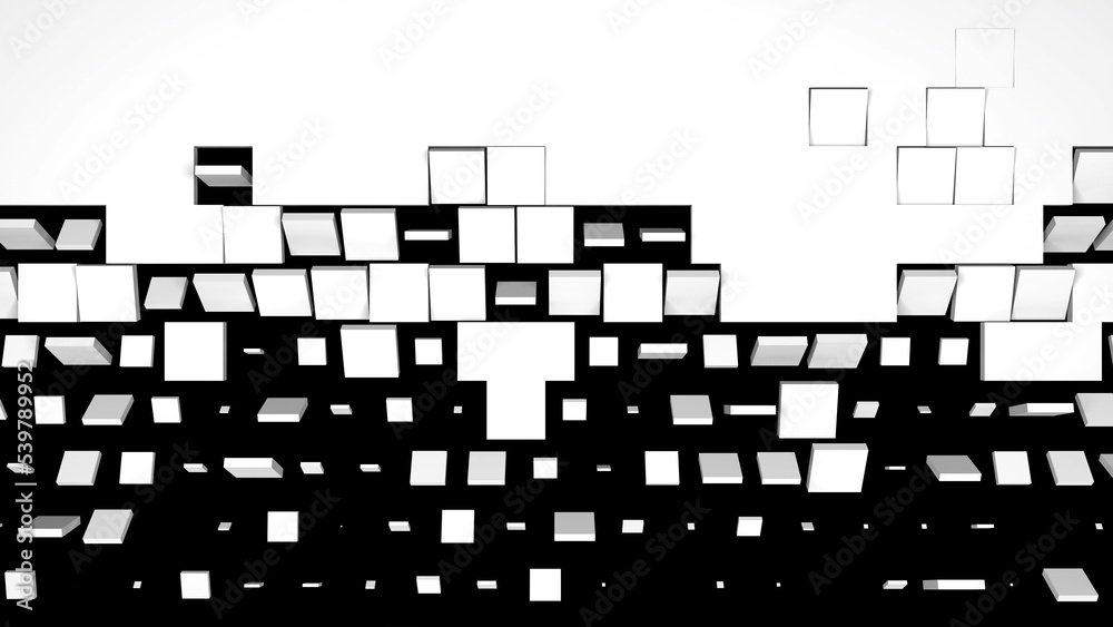 3d Rendering Of A White Wall Fragmentation Into Cubes Isolated On A