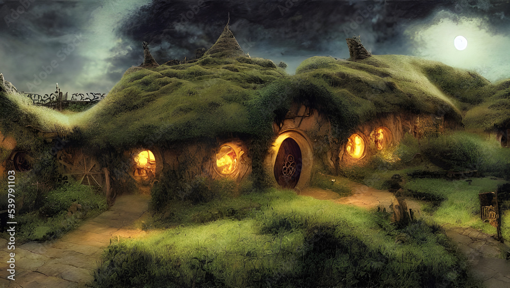 the shire / hobbiton at night - green hills with trees and hobbit house ...