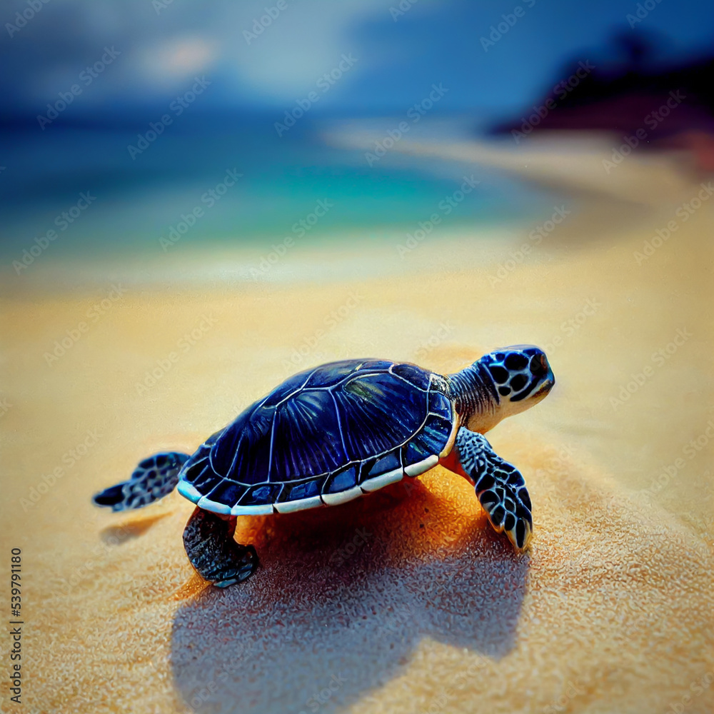 3D renderings of a cute cartoon baby sea turtle crawling on the beach ...