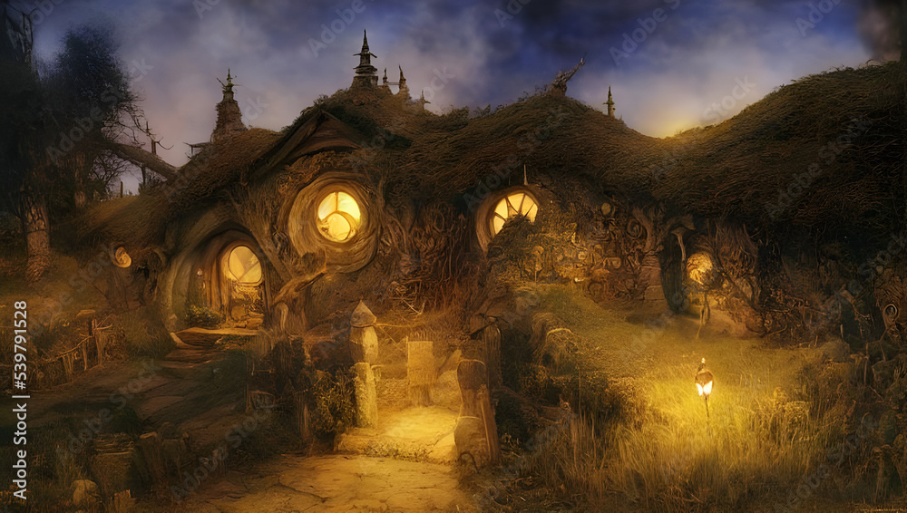 the shire / hobbiton at night - green hills with trees and hobbit house ...