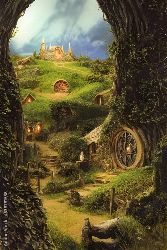the shire / hobbiton at night - green hills with trees and hobbit house ...