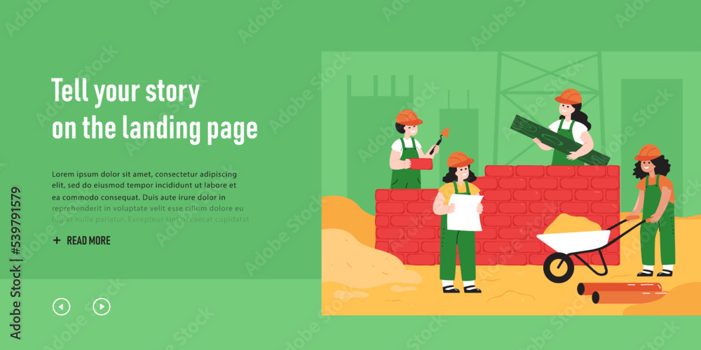 Little workers building house flat vector illustration. Team of kids in ...