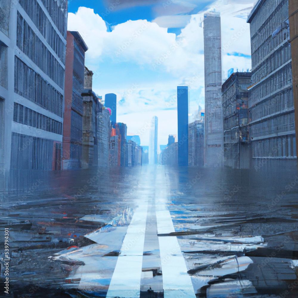 Digital illustration of big city with sea level rising between ...