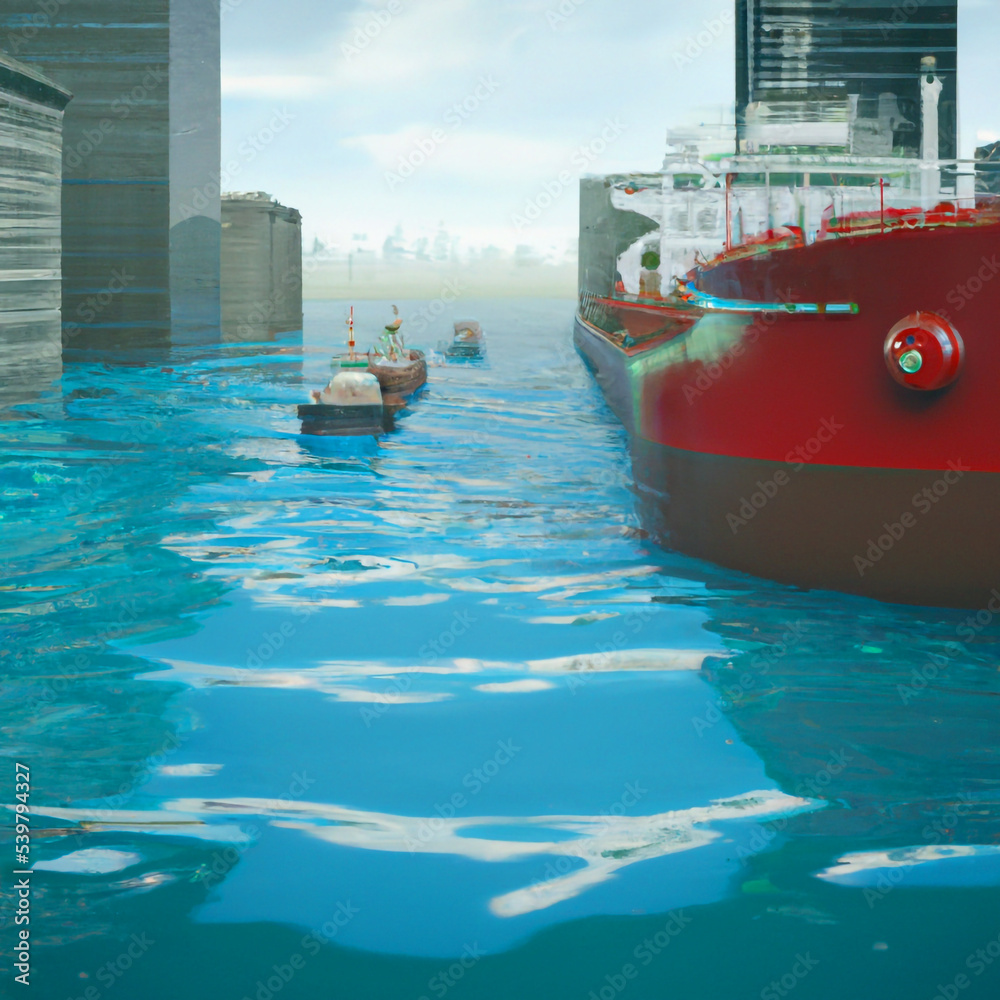 Digital illustration of oil tanker in a big city with sea level rising ...