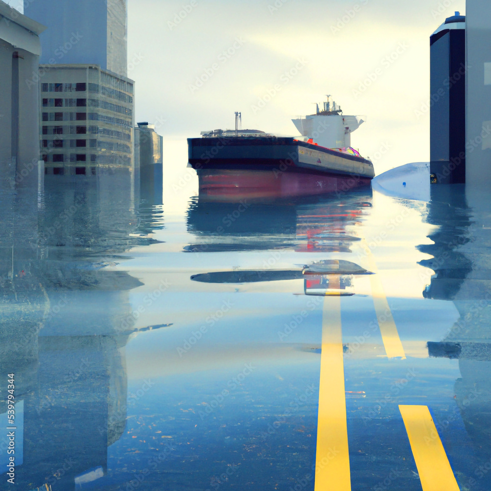 Digital illustration of oil tanker in a big city with sea level rising ...