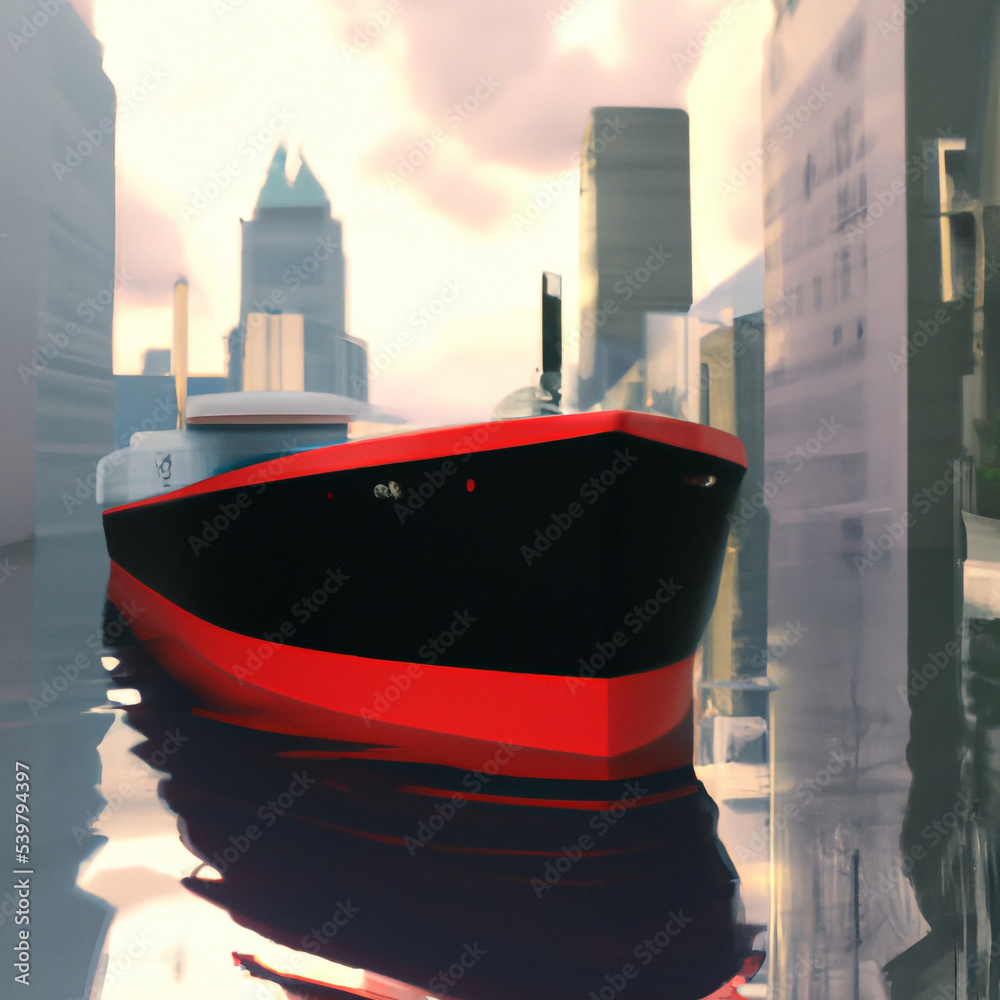 Digital illustration of oil tanker in a big city with sea level rising ...