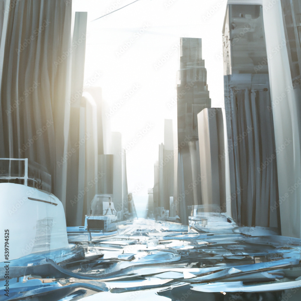 Digital illustration of big city with sea level rising between ...