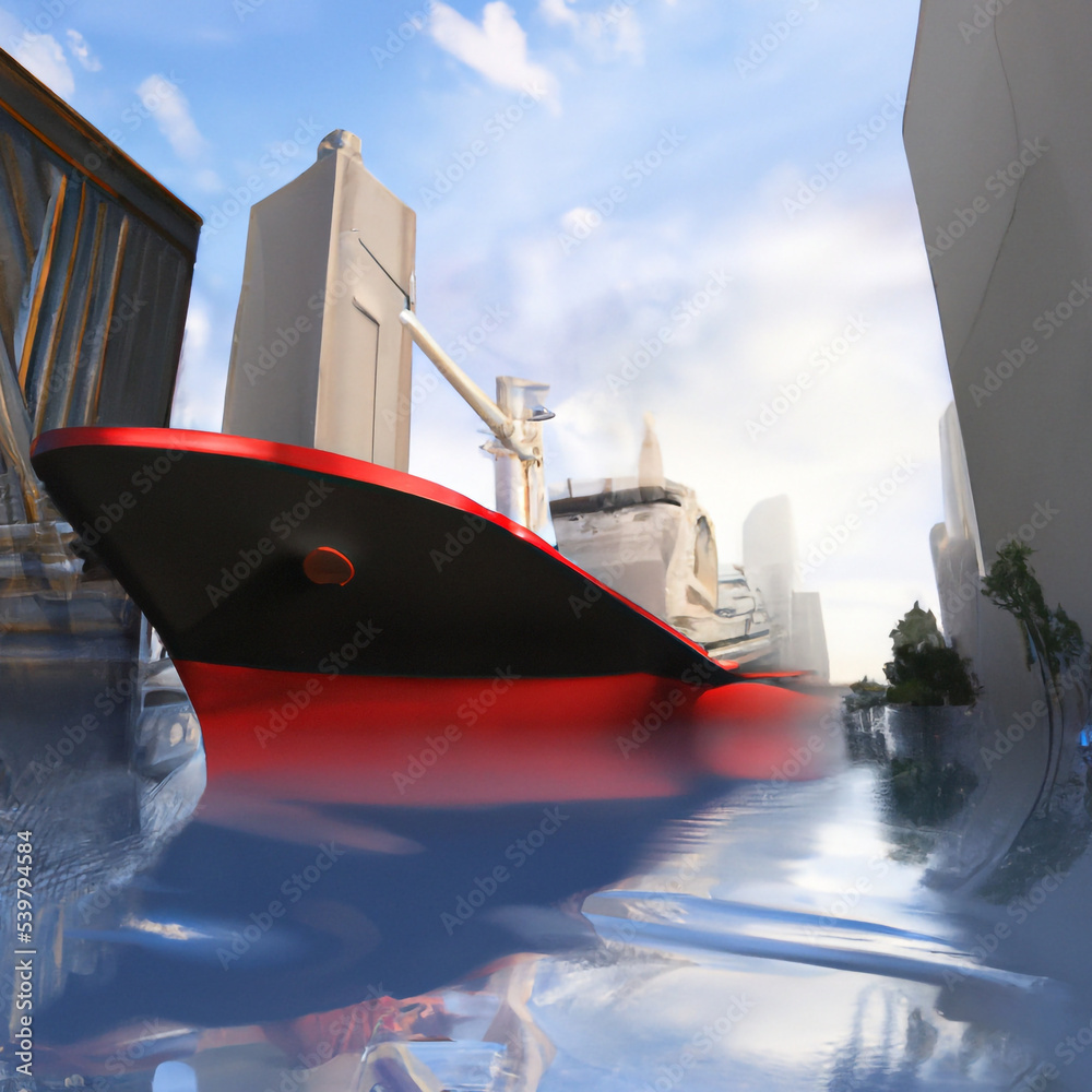 Digital illustration of oil tanker in a big city with sea level rising ...