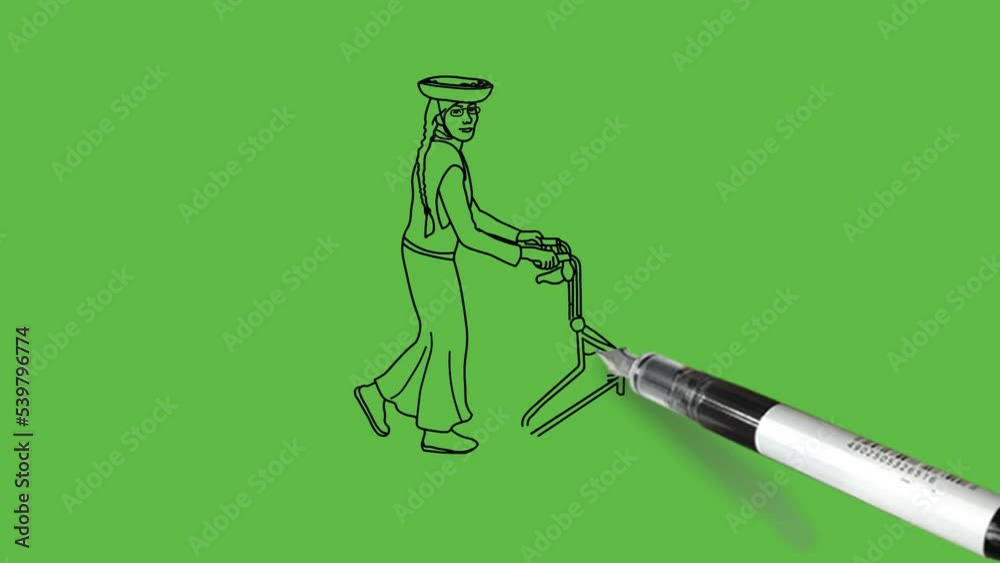 Draw young standing lady with spectacles hold rollator folding walker ...