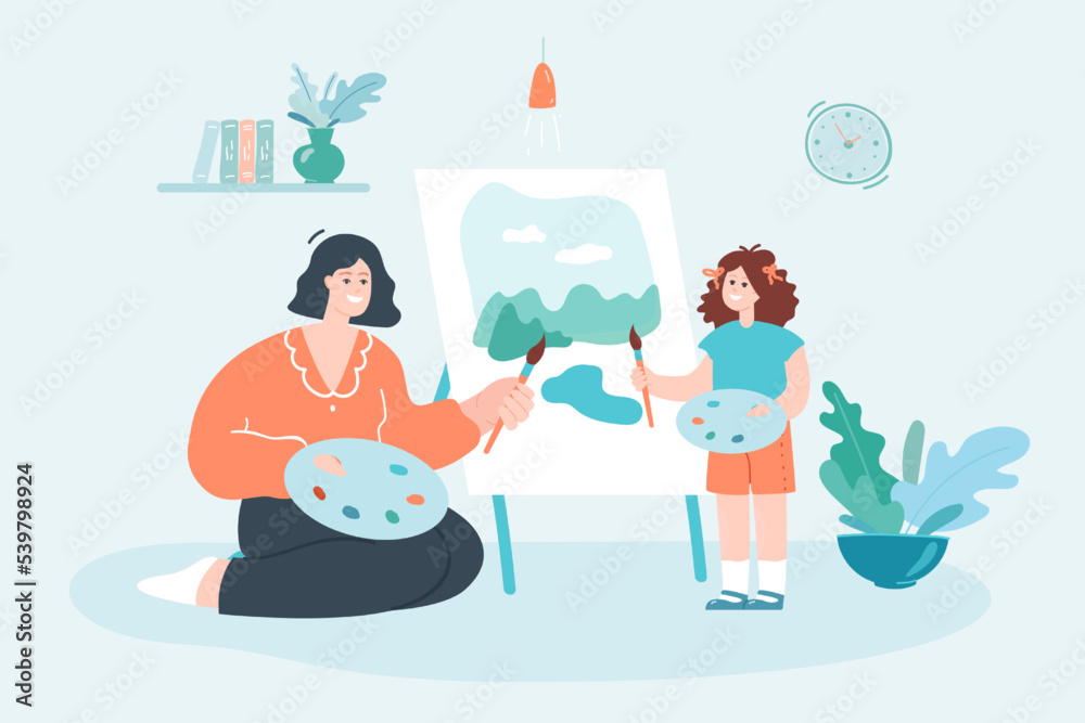 Mother and daughter painting on easel flat vector illustration. Cute ...