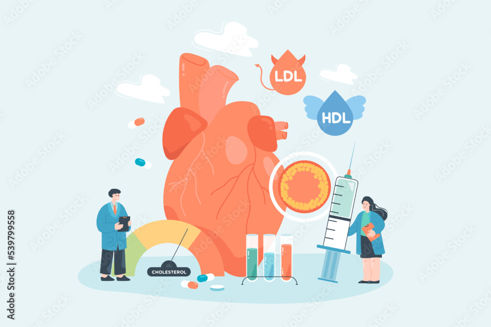 Tiny cartoon people and human heart with high cholesterol. Risk of ...