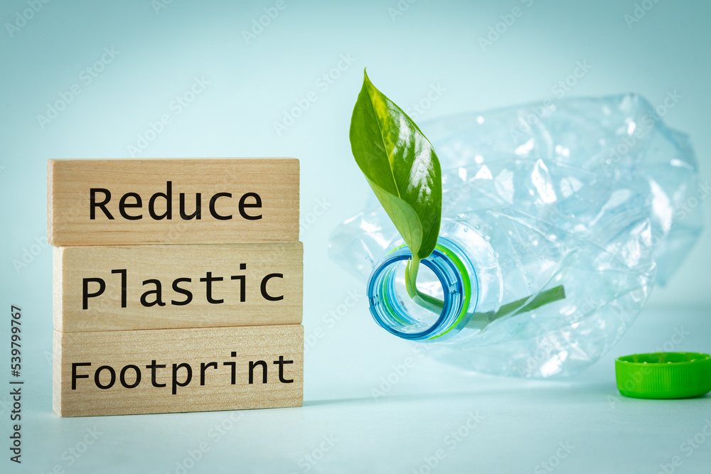 Wooden blocks with slogan, Reduce Your plastic footprint, Crushed ...