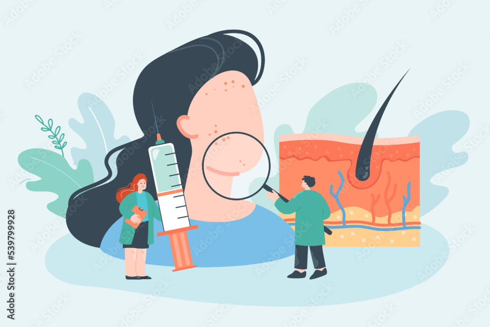 Tiny dermatologist examining huge female head. Doctor studying face ...