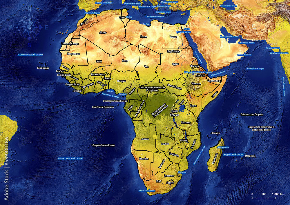 Political Map of Africa with marine areas in russian on large and ...