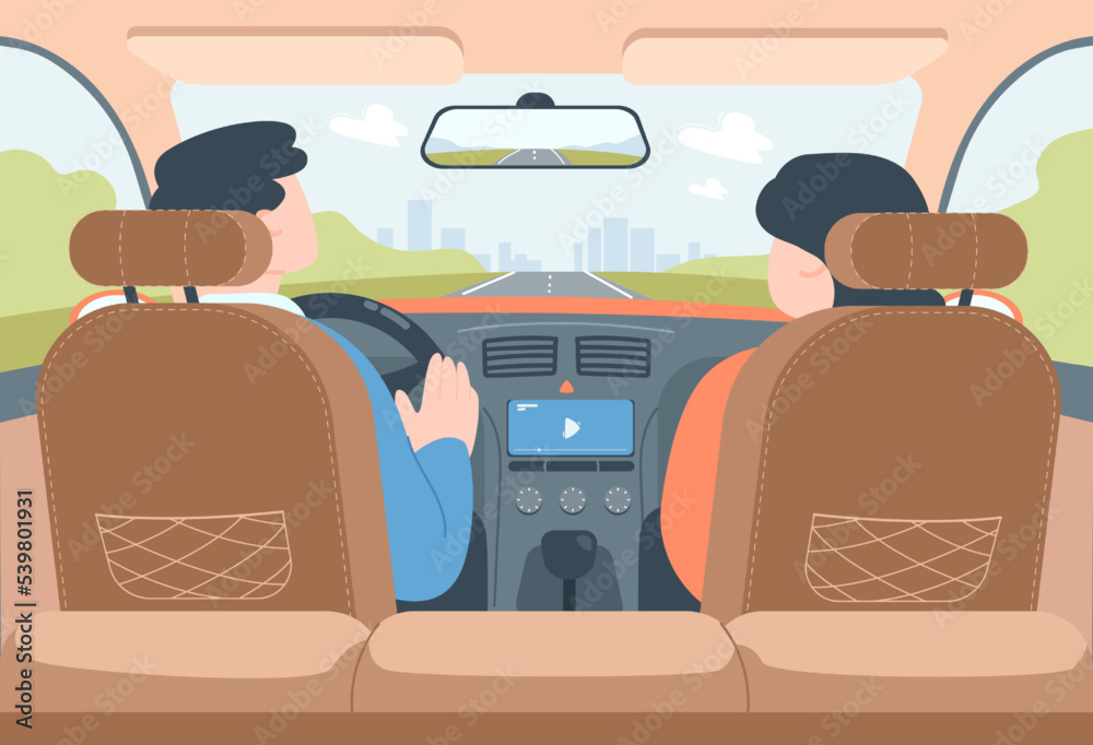 Car interior with back view of driver and passenger. Couple inside car ...