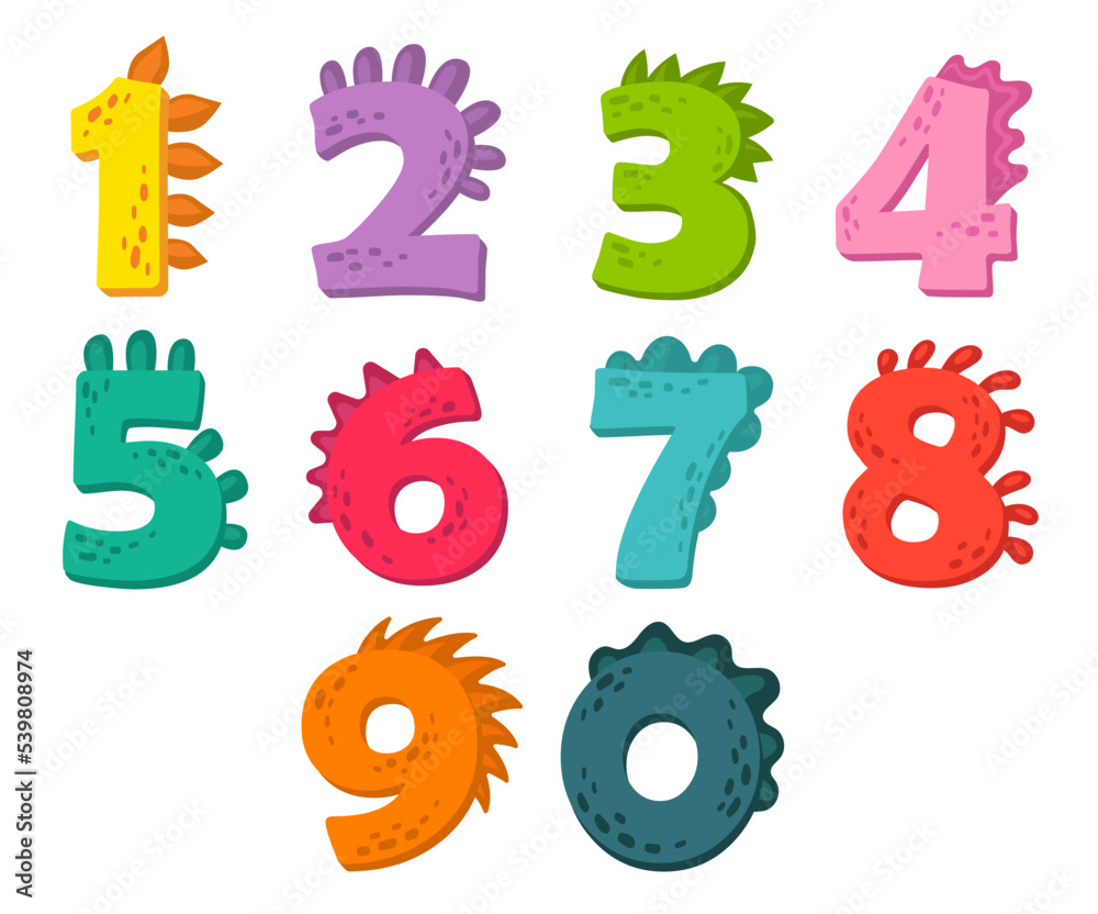 Colorful numbers with dinosaur spikes vector illustrations set. Figures ...