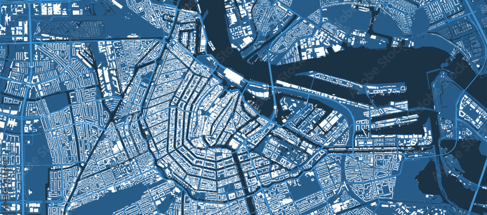Detailed blue vector map poster of Amsterdam city, linear print map ...