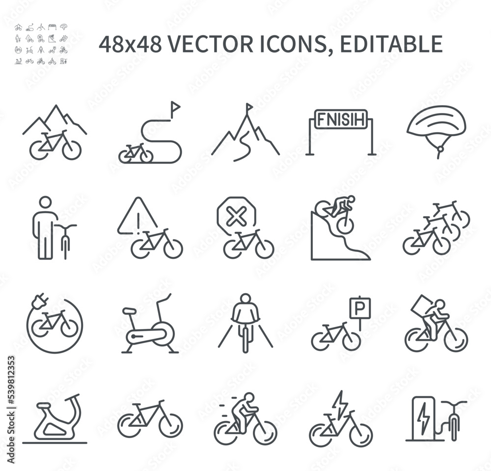 Simple vector line icons. On the theme of bicycles consists of such ...
