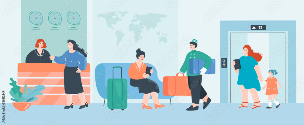 Hotel receptionist behind counter meeting people in lobby. Hostel ...