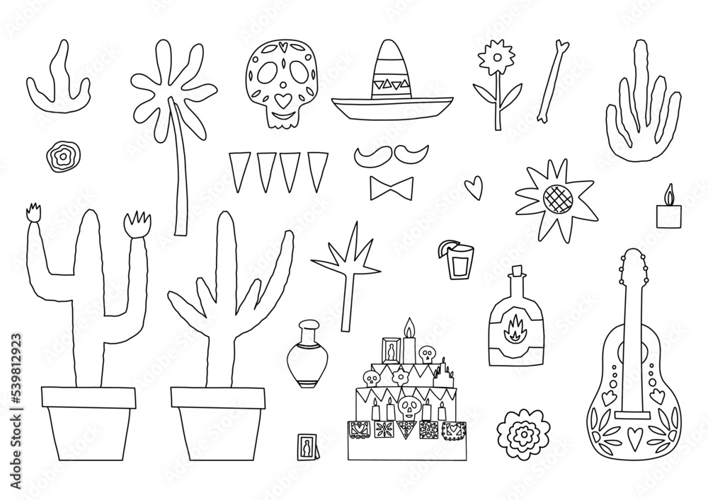 Dia De Los Muertos or Day of the Dead doodle clipart set. Guitar ...