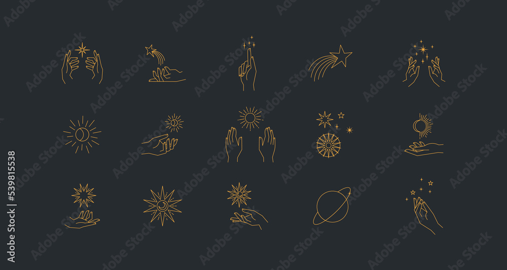 Aesthetic astral hands. Collection of cosmic and celestial elements ...