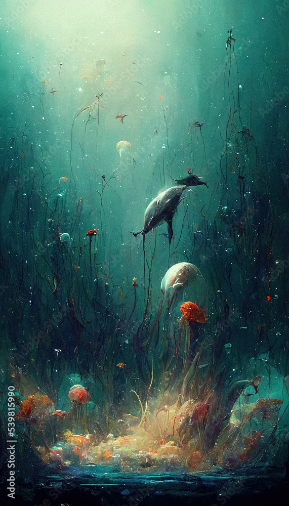 Abstract digital painting of fish and sea creatures swimming in the ...