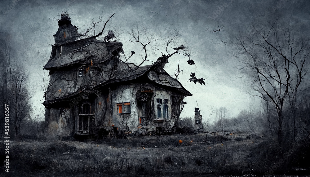 Abstract drawing of a creepy haunted old Halloween house fairy tale ...