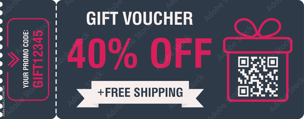 Discount coupon 40 percent off. Gift voucher with percentage marks, qr ...