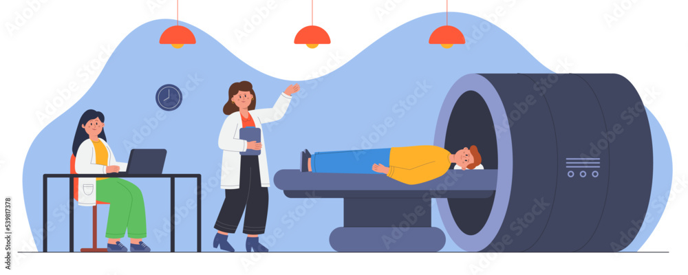 Patient lying at MRI machine in clinic flat vector illustration. Doctor ...