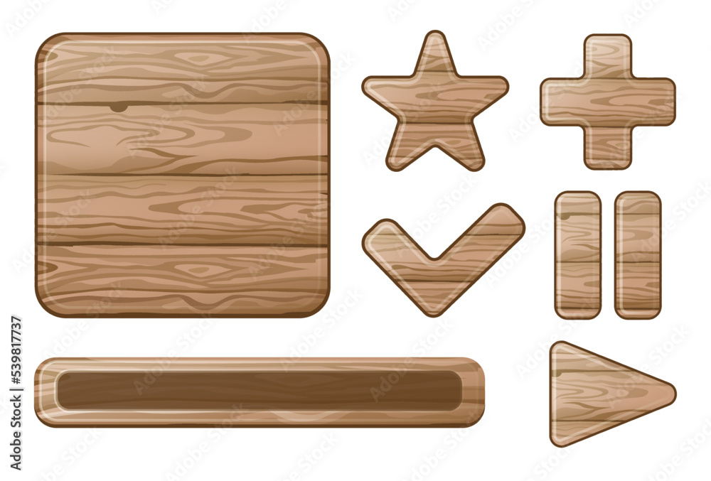 Wooden buttons of different shapes vector illustrations set. Play, stop ...