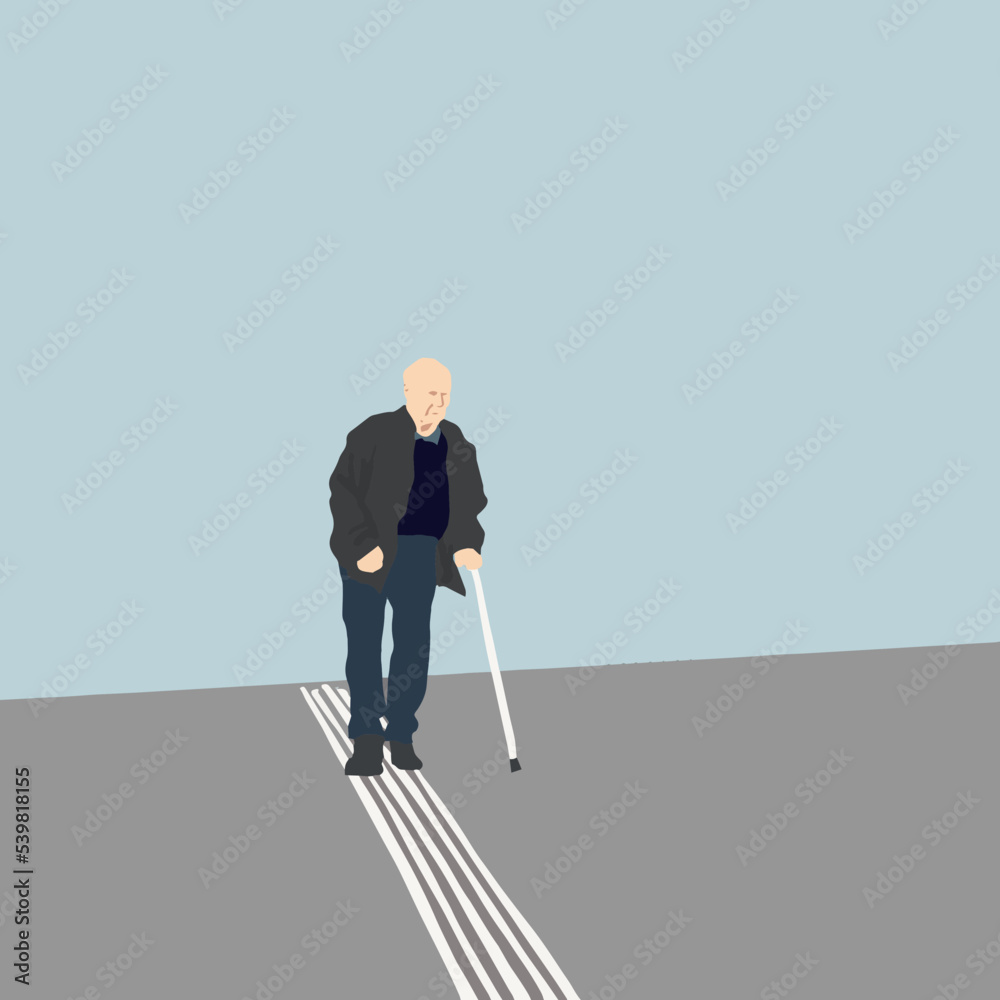 Elderly man walking with a stick on a road with white guiding lines for ...