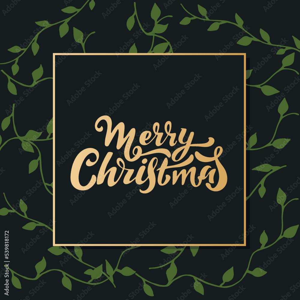 Merry Christmas card. Golden calligraphy letters in a frame with floral ...