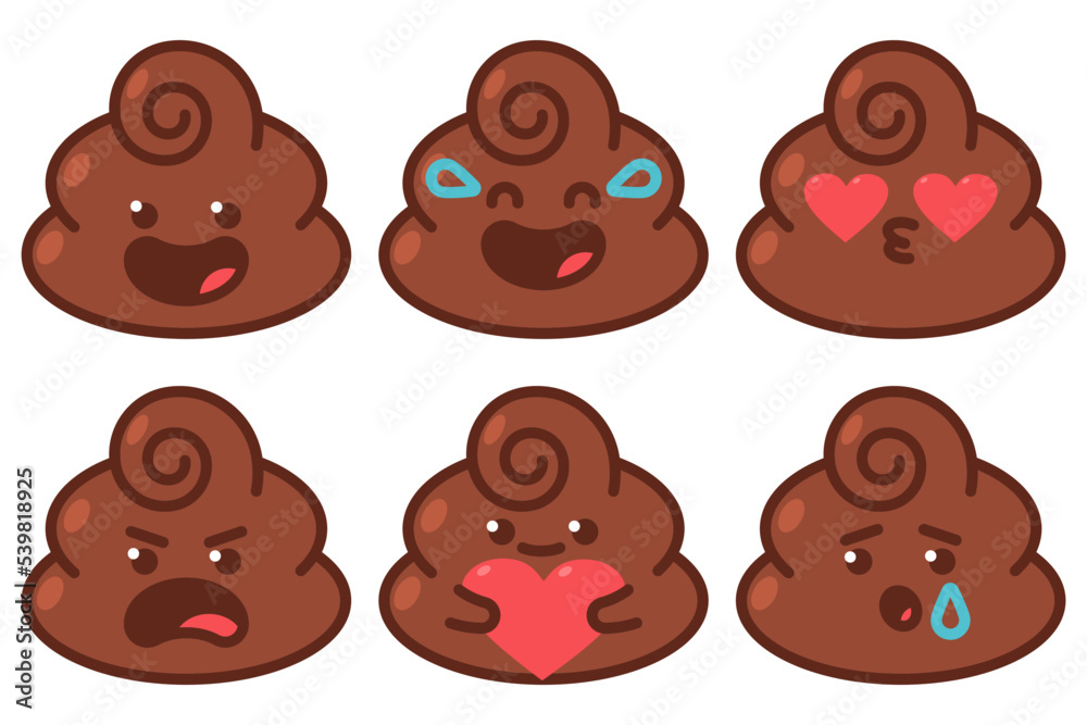 Funny poop emotions vector cartoon set isolated on a white background ...