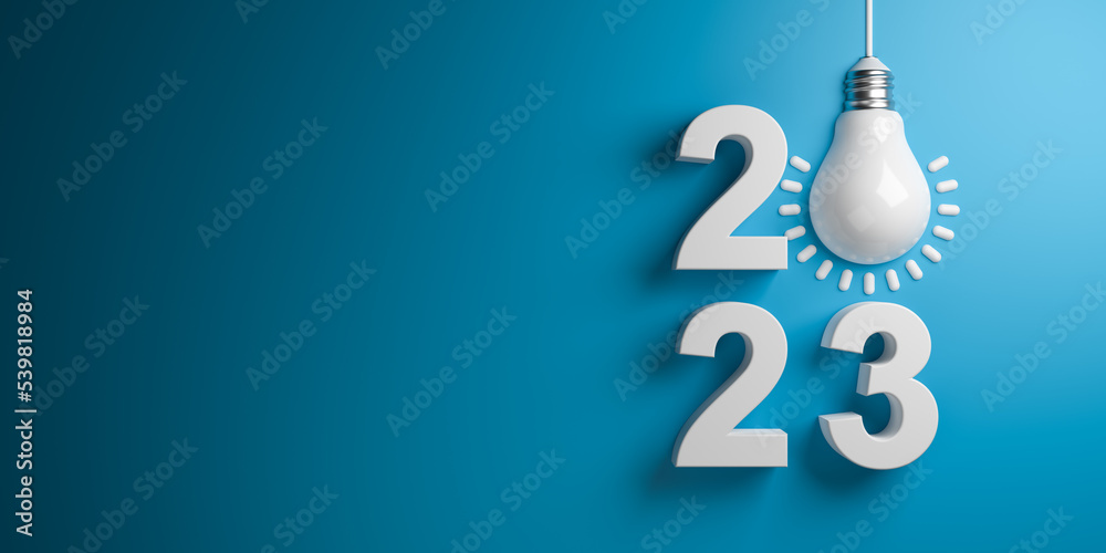 Happy New Year 2023. 3d volumetric numbers 2023 with a light bulb on a ...