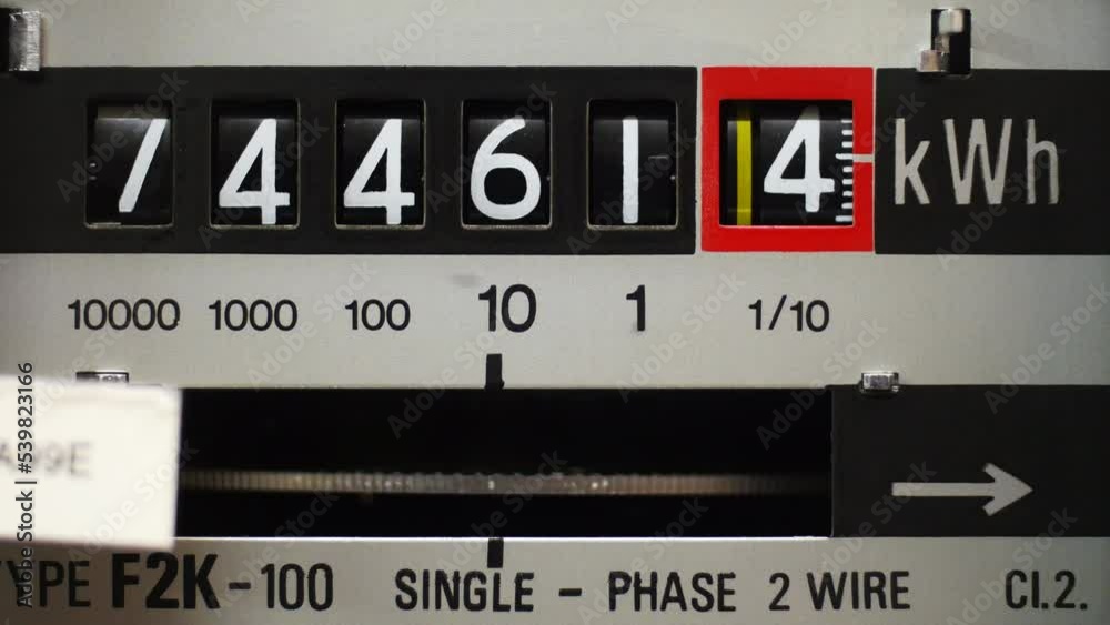 An electric meter with fast turning measuring rotor disc and red dial ...