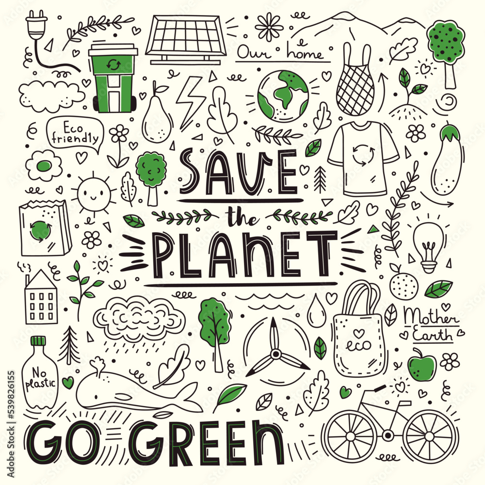 Vector set of simple ecology doodles. Alternative energy, nature ...