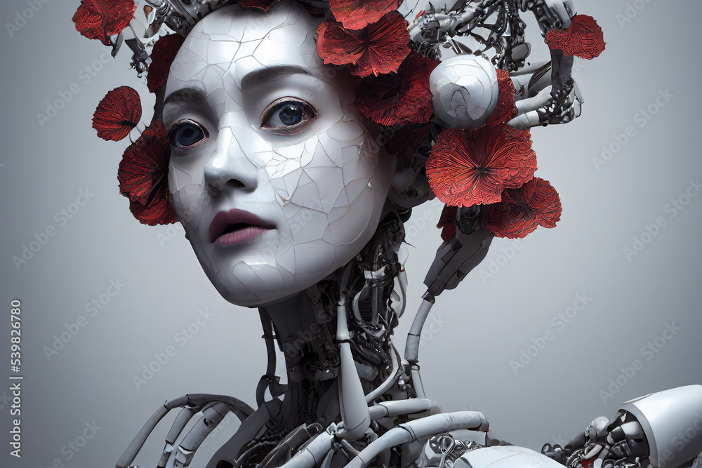 Portrait of a beautiful biomechanical cyborg. Symbiosis of woman and ...