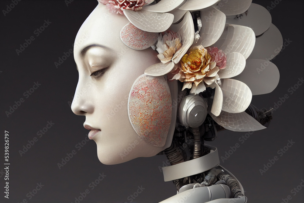 Portrait of a beautiful biomechanical cyborg. Symbiosis of woman and ...