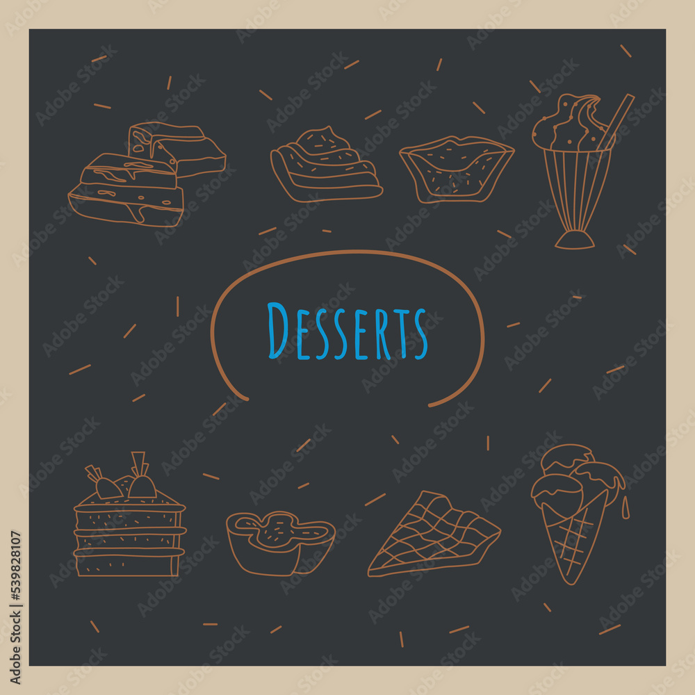 Cute vector line desserts. Set of desserts - illustration with ...