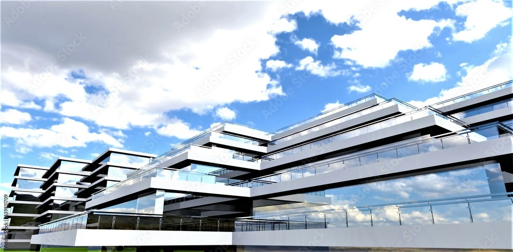 Abstract concept of a hotel complex in high-tech style. Open-type ...