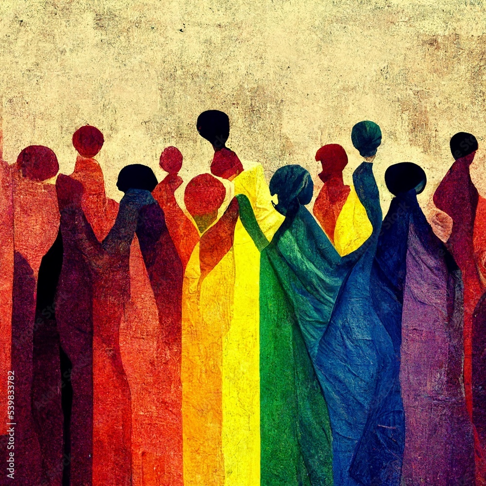 Abstract LGBTQ+ illustration, people holding hands, gathering together ...